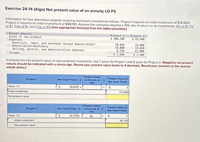 Solved Exercise 24-14 (Algo) Net present value of an annuity | Chegg.com