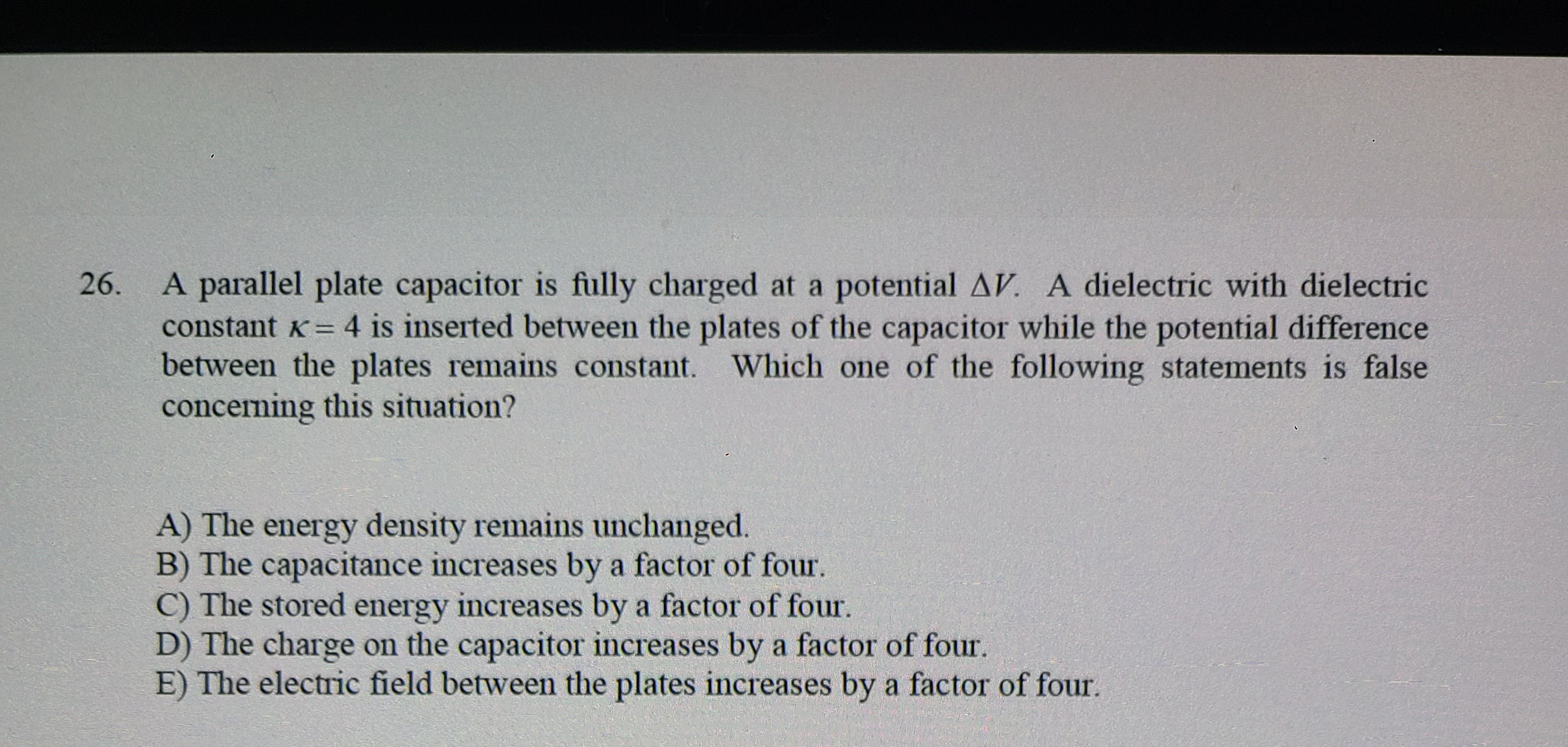 Solved A parallel plate capacitor is fully charged at a | Chegg.com