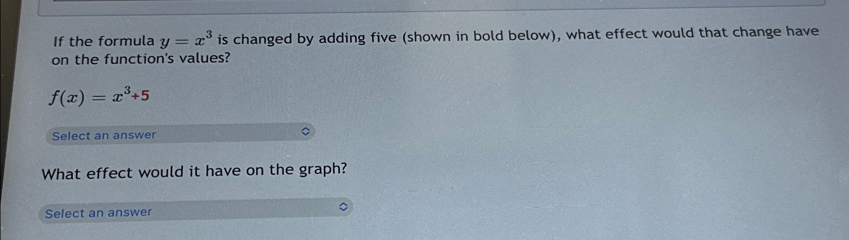 Solved If the formula y=x3 ﻿is changed by adding five (shown | Chegg.com