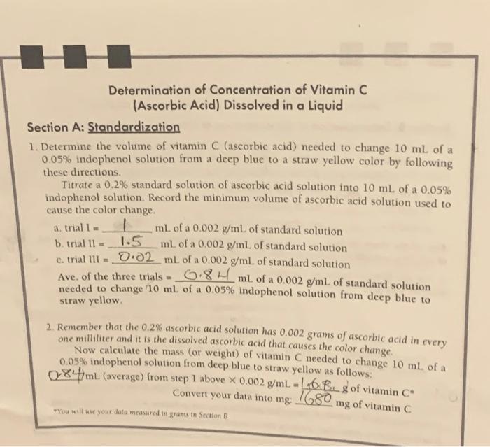 Solved Determination of Concentration of Vitamin C (Ascorbic | Chegg.com