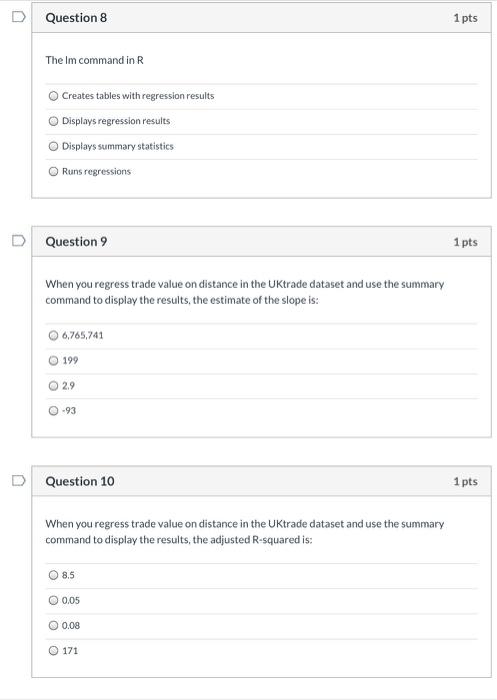 Solved D Question 8 1 pts The Im command in R Creates tables | Chegg.com