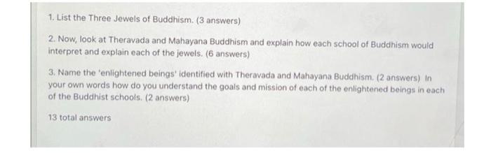 1. List the Three Jewels of Buddhism. (3 answers) 2. | Chegg.com