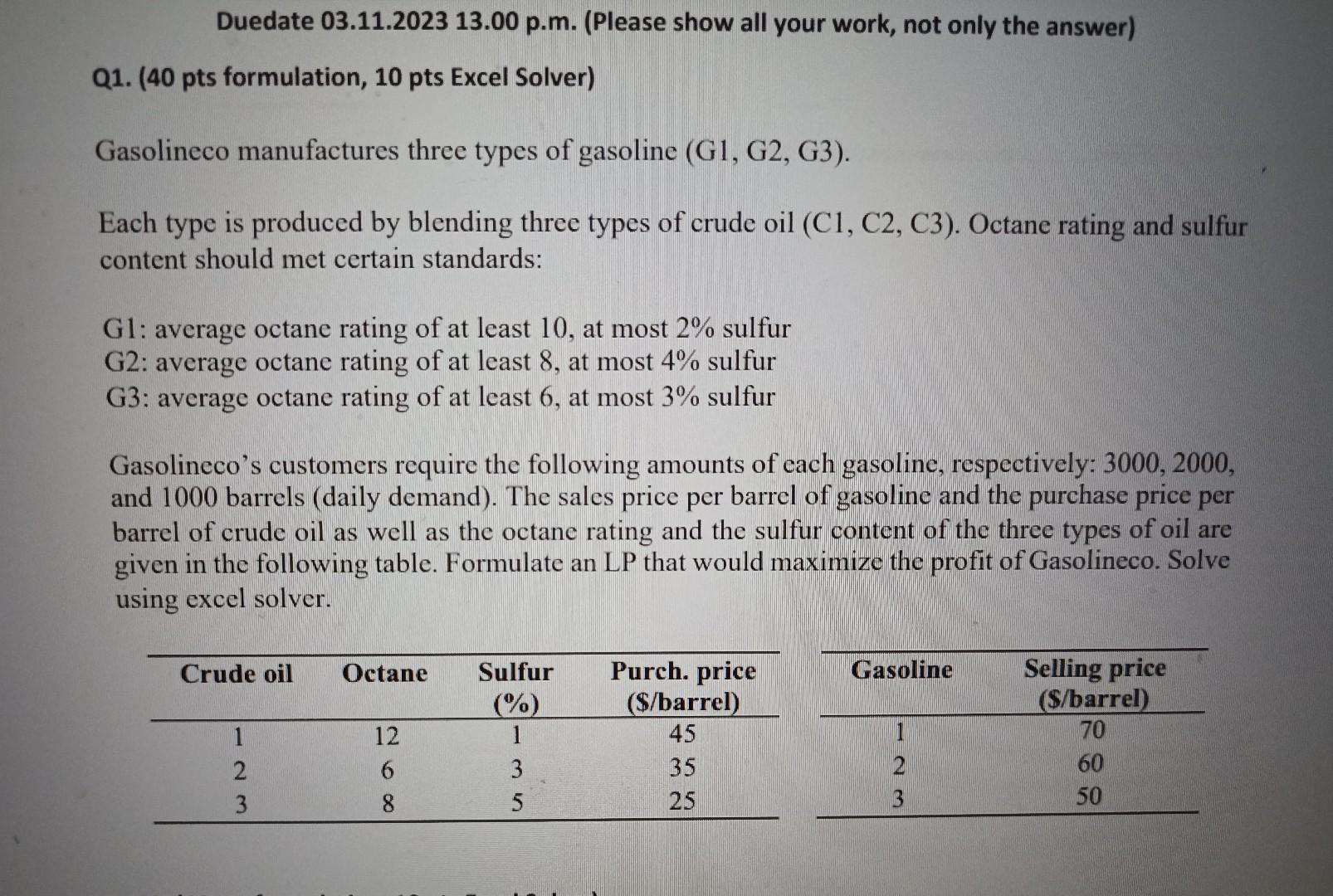 Solved Gasolineco manufactures three types of gasoline (G1, | Chegg.com