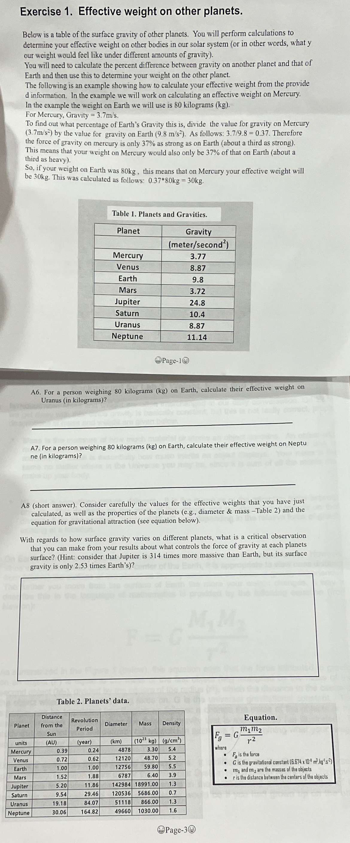 Solved Exercise 1. ﻿Effective weight on other planets.Below | Chegg.com