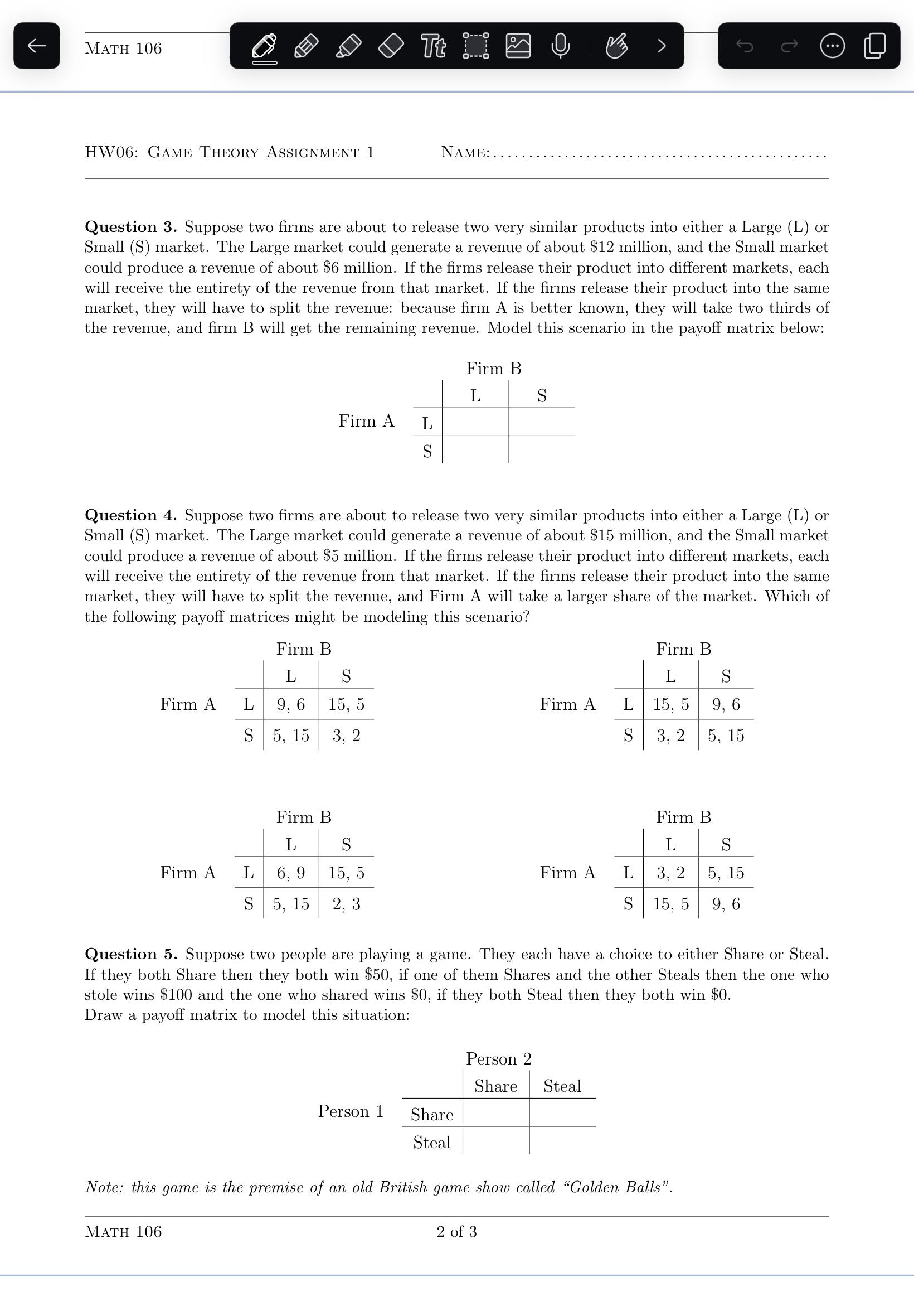 Solved МATH 106HW06: Game Theory Assignment 1Name:Question | Chegg.com
