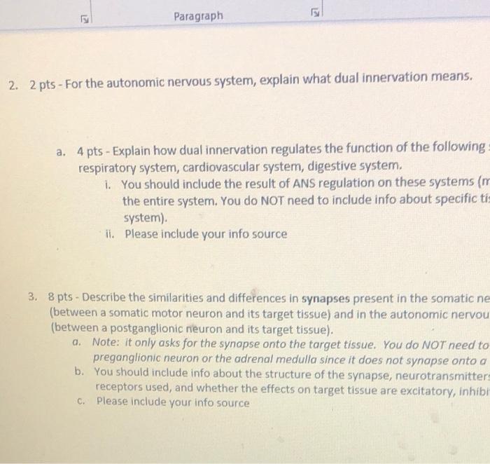 Solved 12 Paragraph 2. 2 pts - For the autonomic nervous | Chegg.com