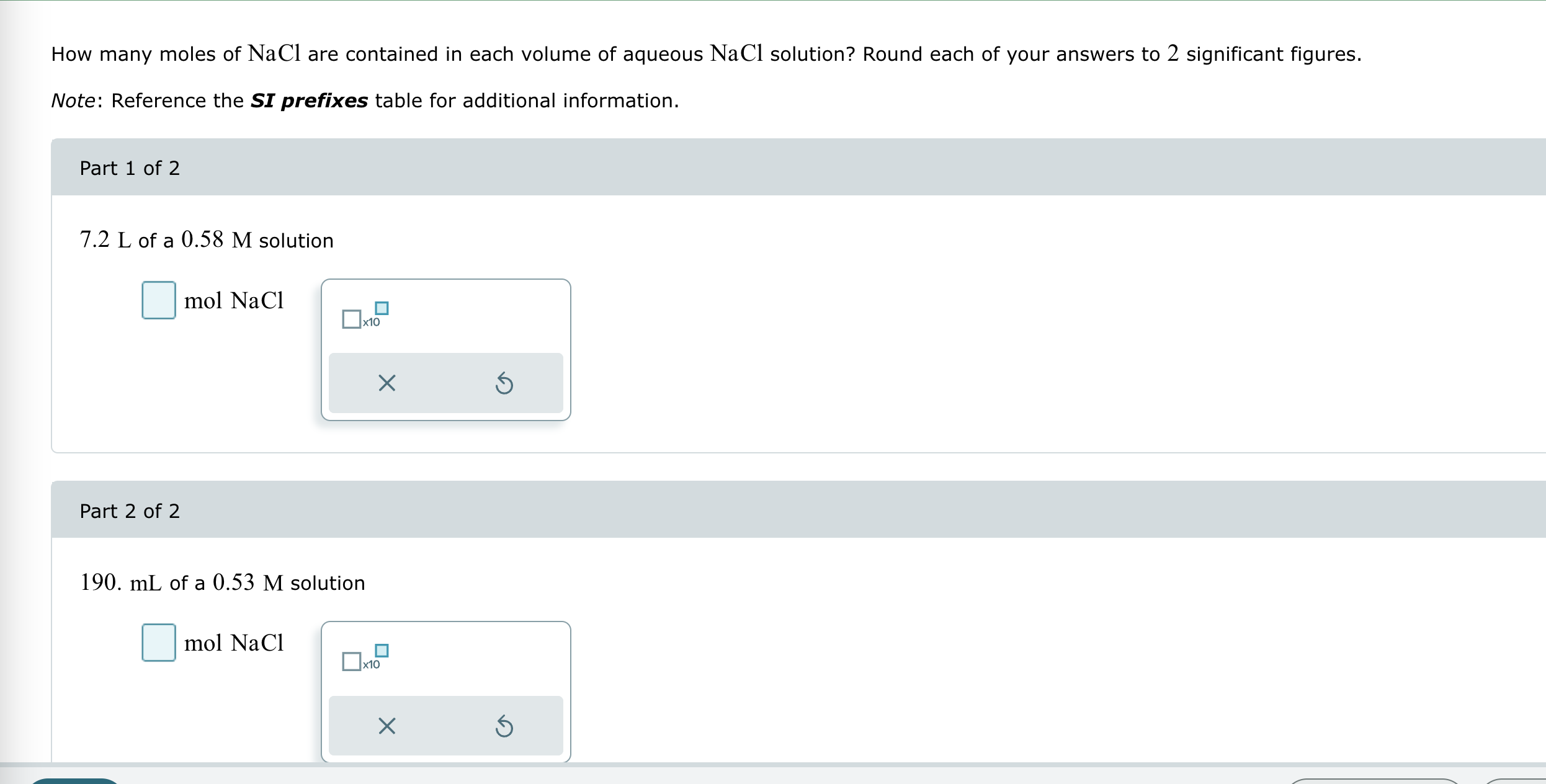 Solved How many moles of NaCl are contained in each volume | Chegg.com