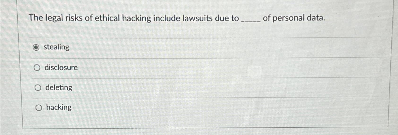 Solved The legal risks of ethical hacking include lawsuits | Chegg.com