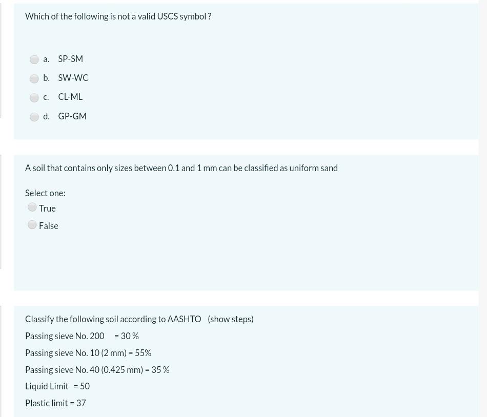 Solved Which of the following is not a valid USCS symbol ? | Chegg.com