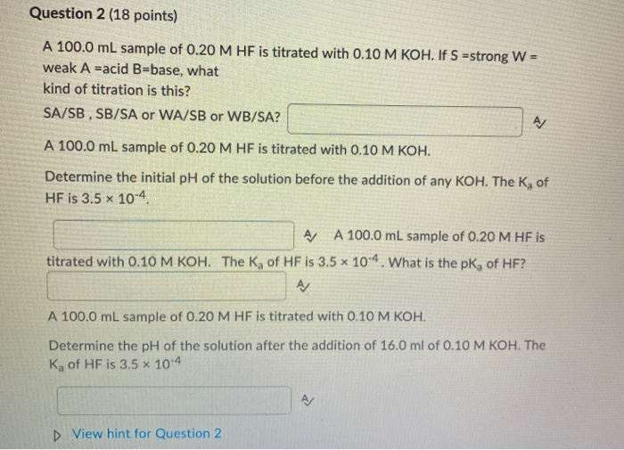 Solved Question 2 (18 points) A 100.0 mL sample of 0.20 M HF | Chegg.com