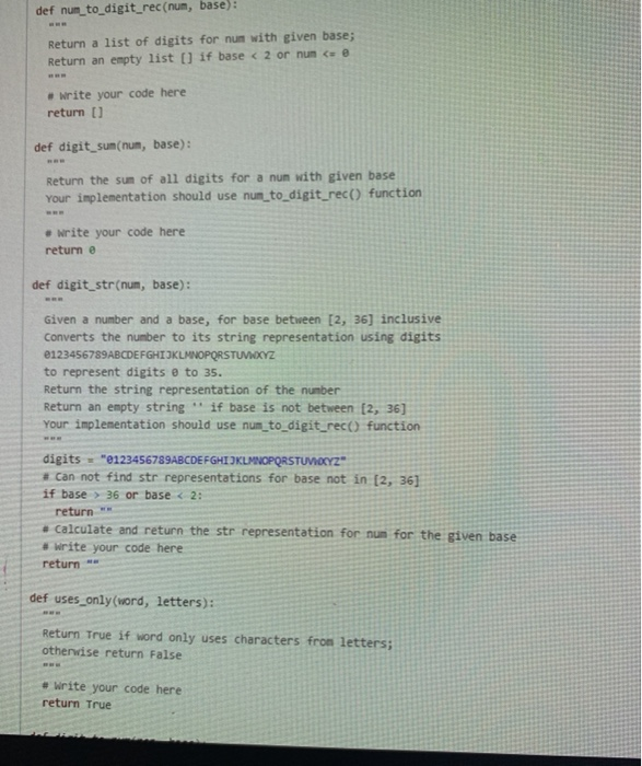 def num_to_digit_rec(num, base): Return a list of | Chegg.com