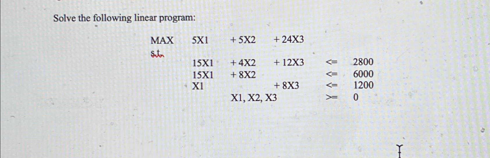Solved Solve the following linear program: ﻿MAX 5x1+5x2+24x3 | Chegg.com