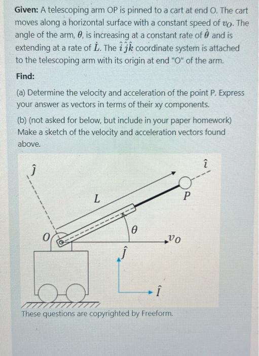 Solved Given: A telescoping arm OP is pinned to a cart at | Chegg.com
