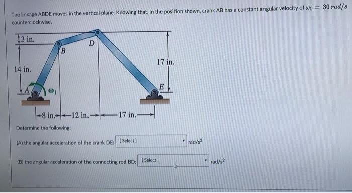 Solved The linkage ABDE moves in the vertical plane. Knowing | Chegg.com