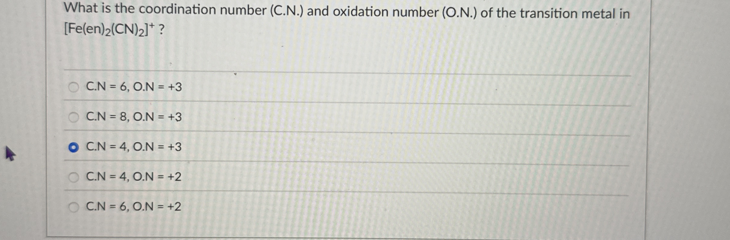 Solved What is the coordination number (C.N.) ﻿and oxidation | Chegg.com