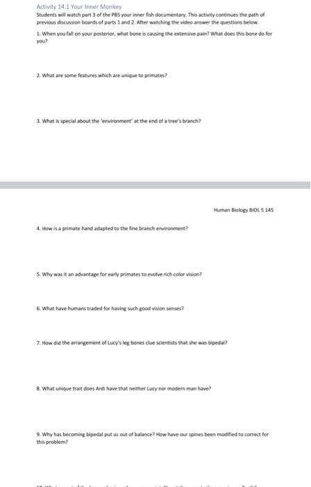 Solved Activity 14.1 Your Inner Monkey Students will watch | Chegg.com