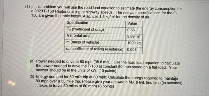 Solved (1) In this problem you will use the road load | Chegg.com