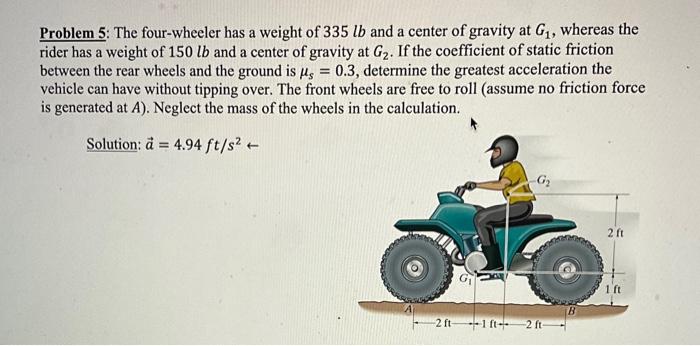 Solved Problem 5: The four-wheeler has a weight of 335 𝑙𝑏 | Chegg.com