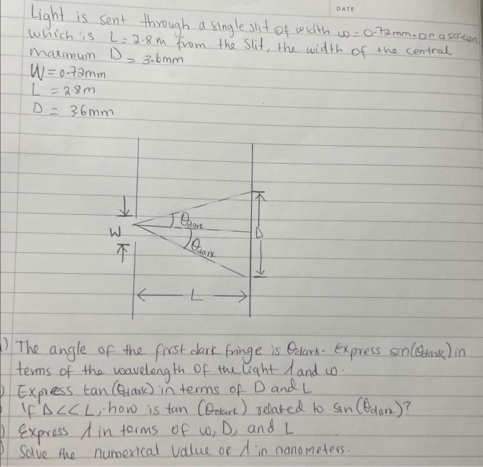 Solved Light is sent through a single slit of width ω=0.72 | Chegg.com