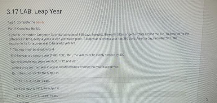 Solved 3.17 LAB: Leap Year Part. Complete they 2002.Complete | Chegg.com