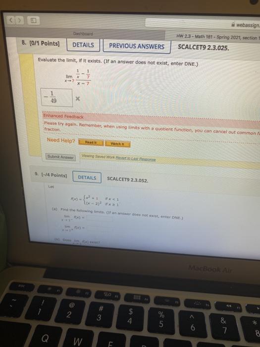 Solved webassign Dashboard 8. (0/1 Points) DETAILS PREVIOUS | Chegg.com