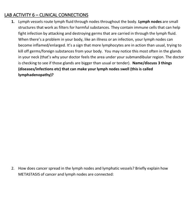 Solved AB ACTIVITY 6-CLINICAL CONNECTIONS 1. Lymph vessels | Chegg.com