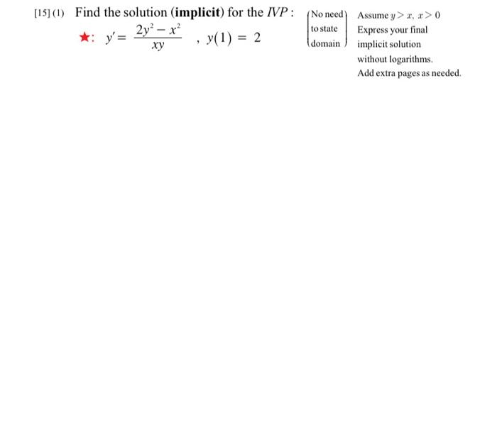 Solved 15] (1) Find the solution (implicit) for the IVP: | Chegg.com