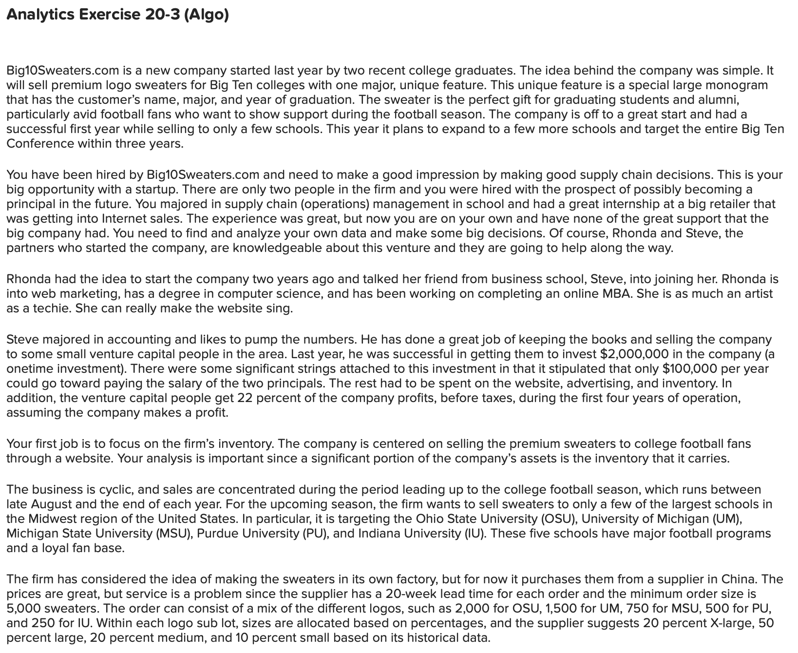Solved Analytics Exercise 20-3 (Algo)Big10Sweaters.com is a | Chegg.com