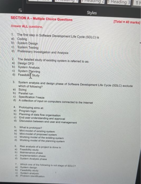 Solved Heading 3 Styles SECTION A-Multiple Choice Questions | Chegg.com