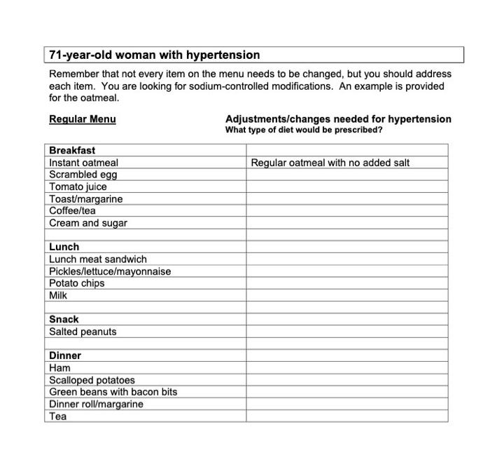 Solved Instructions: Using the following menus for a healthy | Chegg.com