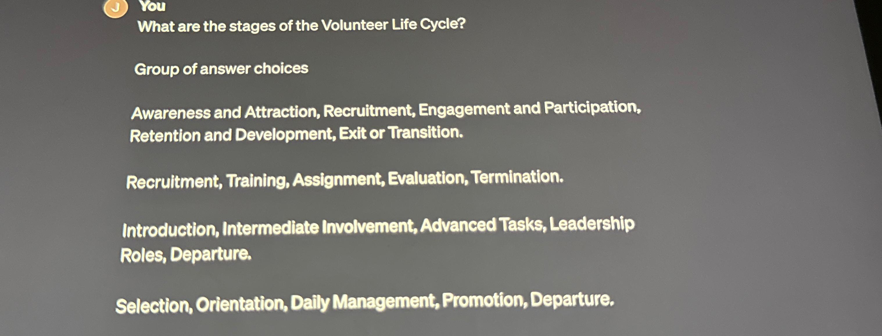 Solved What are the stages of the Volunteer Life Cycle?Group | Chegg.com