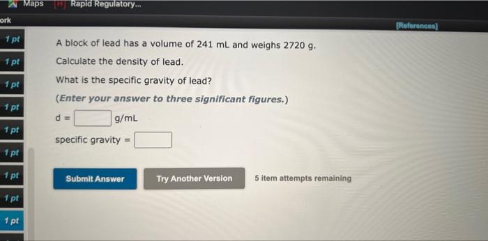 Solved A block of lead has a volume of 241 mL and weighs | Chegg.com
