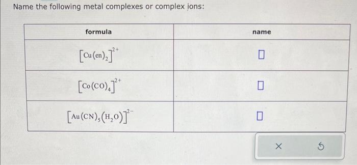 Solved Name the following metal complexes or complex ions: | Chegg.com