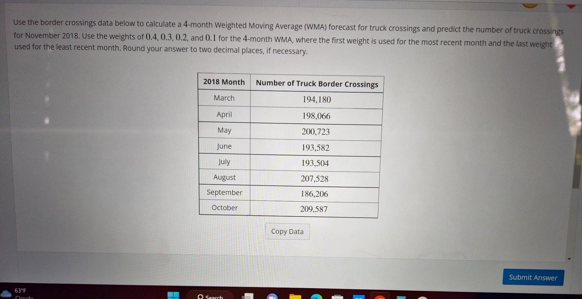 Solved Use the border crossings data below to calculate a | Chegg.com