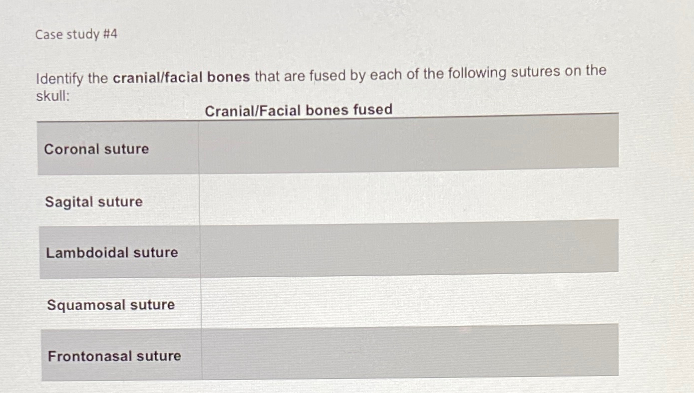 Solved Case study #4Identify the cranial/facial bones that | Chegg.com