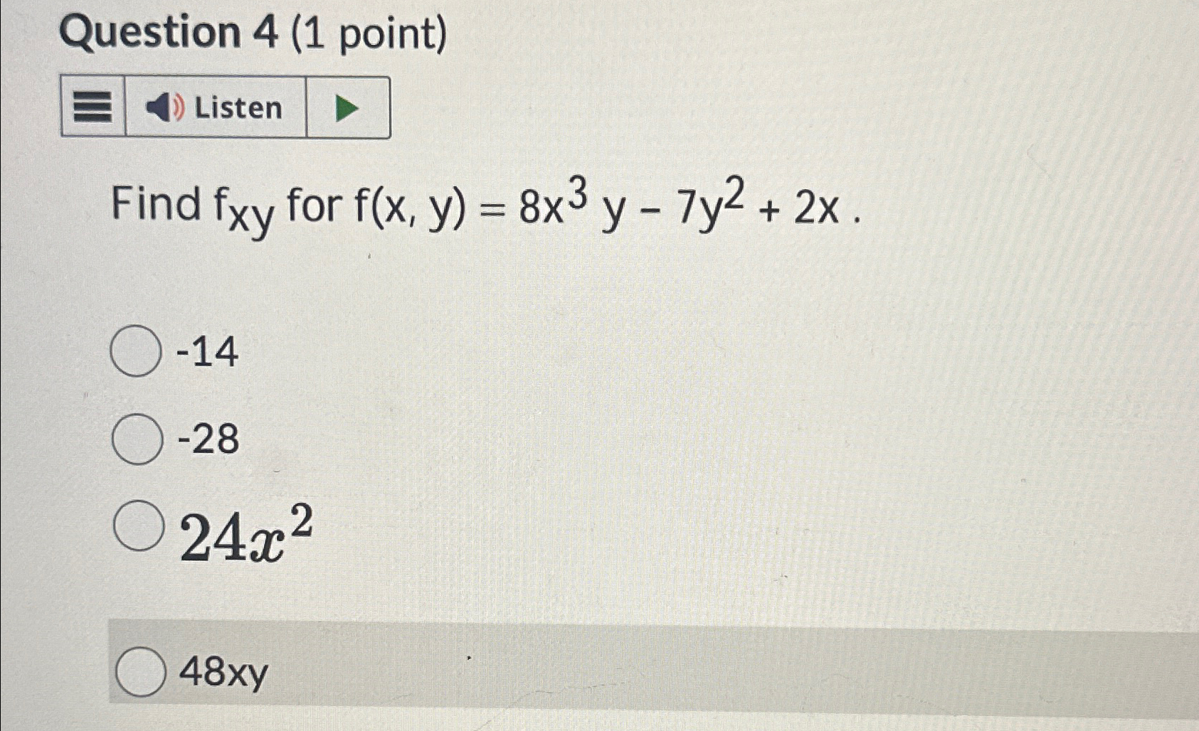 Solved Question 4 (1 ﻿point)Find fxy ﻿for | Chegg.com