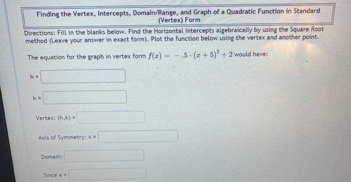 Solved Finding the Vertex, Intercepts, Domain/Range, and | Chegg.com