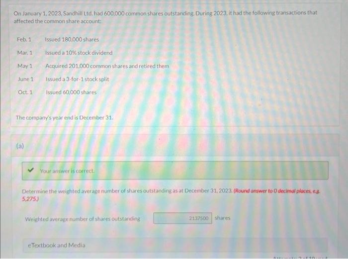 Solved On January 1,2023, Sandhill Ltd, had 600,000 common | Chegg.com