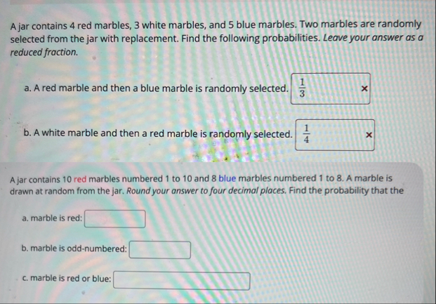 Solved A jar contains 4 ﻿red marbles, 3 ﻿white marbles, and | Chegg.com