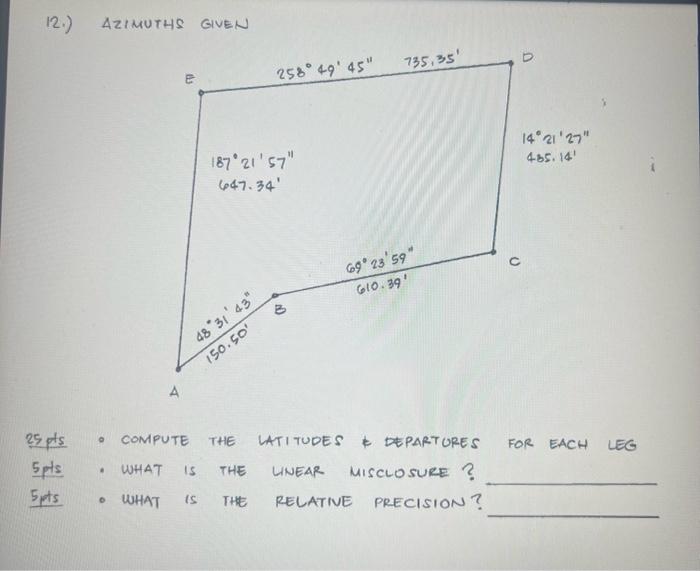 Solved 12.) AZIMUTHS GIVEN 25 TS - COMPUTE THE LATITUDES + | Chegg.com