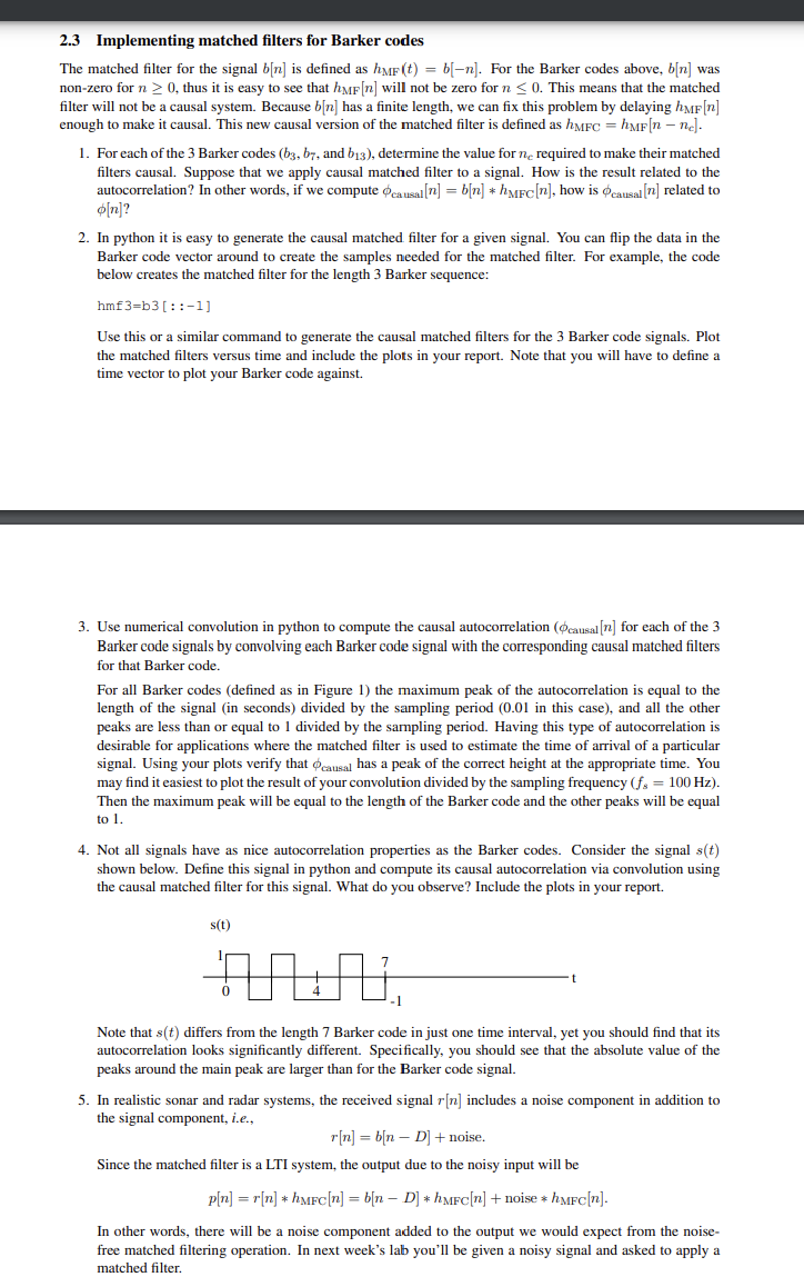 2.3 ﻿Implementing matched filters for Barker codesThe | Chegg.com