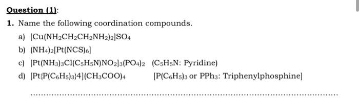 Solved Question (1): 1. Name the following coordination | Chegg.com