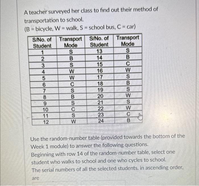 Solved Random Number TableA teacher surveyed her class to | Chegg.com