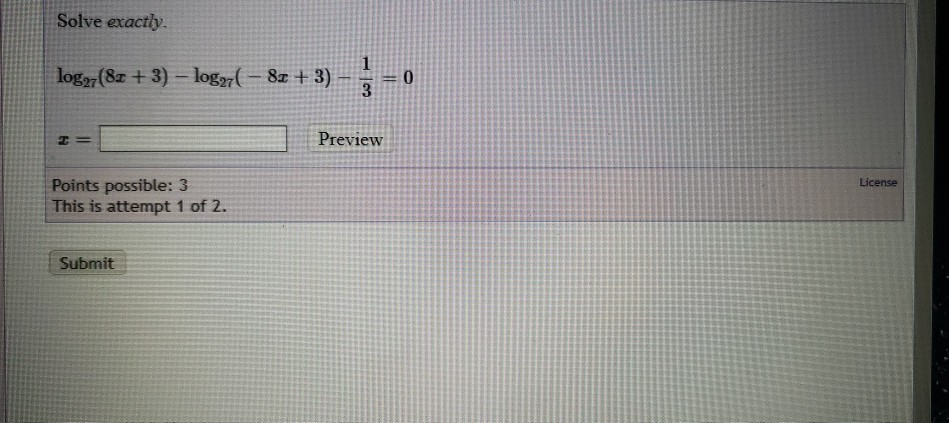 Solved Solve exactly log27(8x + 3) - log27 - 82 + 3) - | Chegg.com