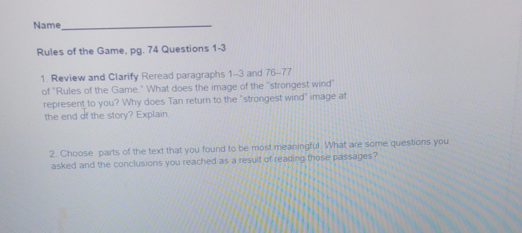 Name Rules of the Game, pg. 74 Questions 1-3 1. | Chegg.com