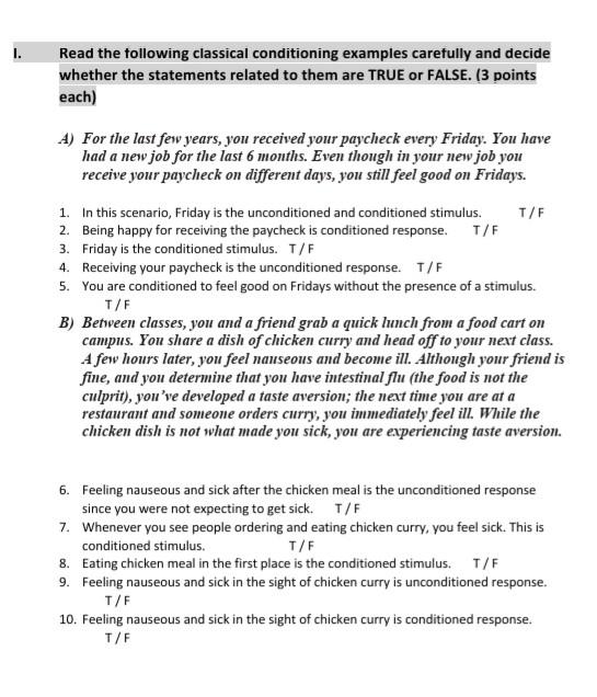 Solved I. Read the following classical conditioning examples | Chegg.com