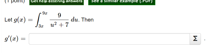 Solved Let g(x)=∫3x9x9u2+7du. ﻿Theng'(x)= | Chegg.com