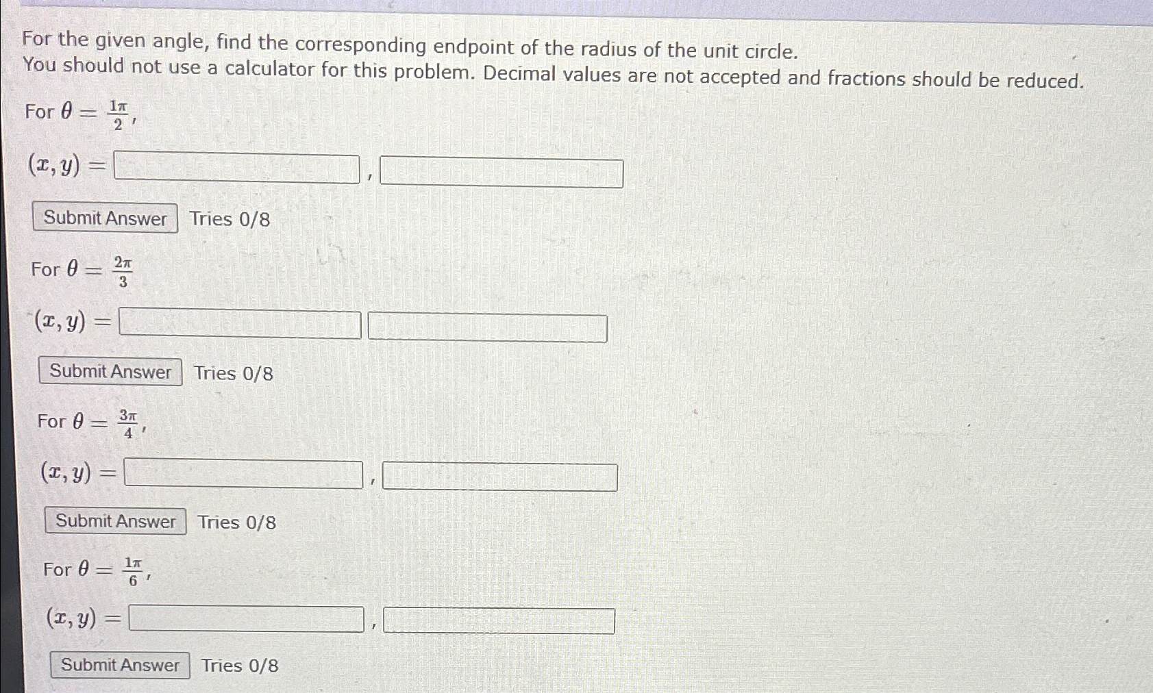 Solved For the given angle, find the corresponding endpoint | Chegg.com