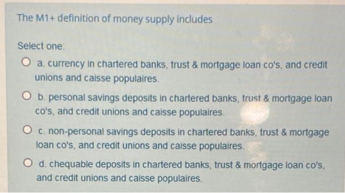 Solved The M1+ definition of money supply includes Select | Chegg.com