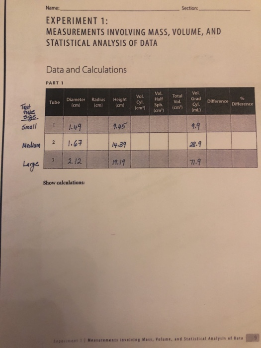 Solved Name: Section: EXPERIMENT 1: MEASUREMENTS INVOLVING | Chegg.com